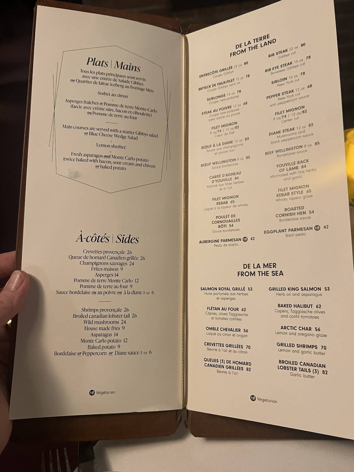Menu at Gibbys steakhouse, Saint-Sauveur