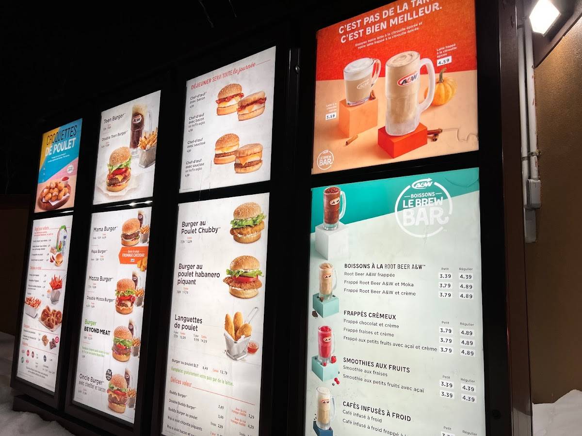 Menu at A&W Canada fast food, Sainte-Thérèse