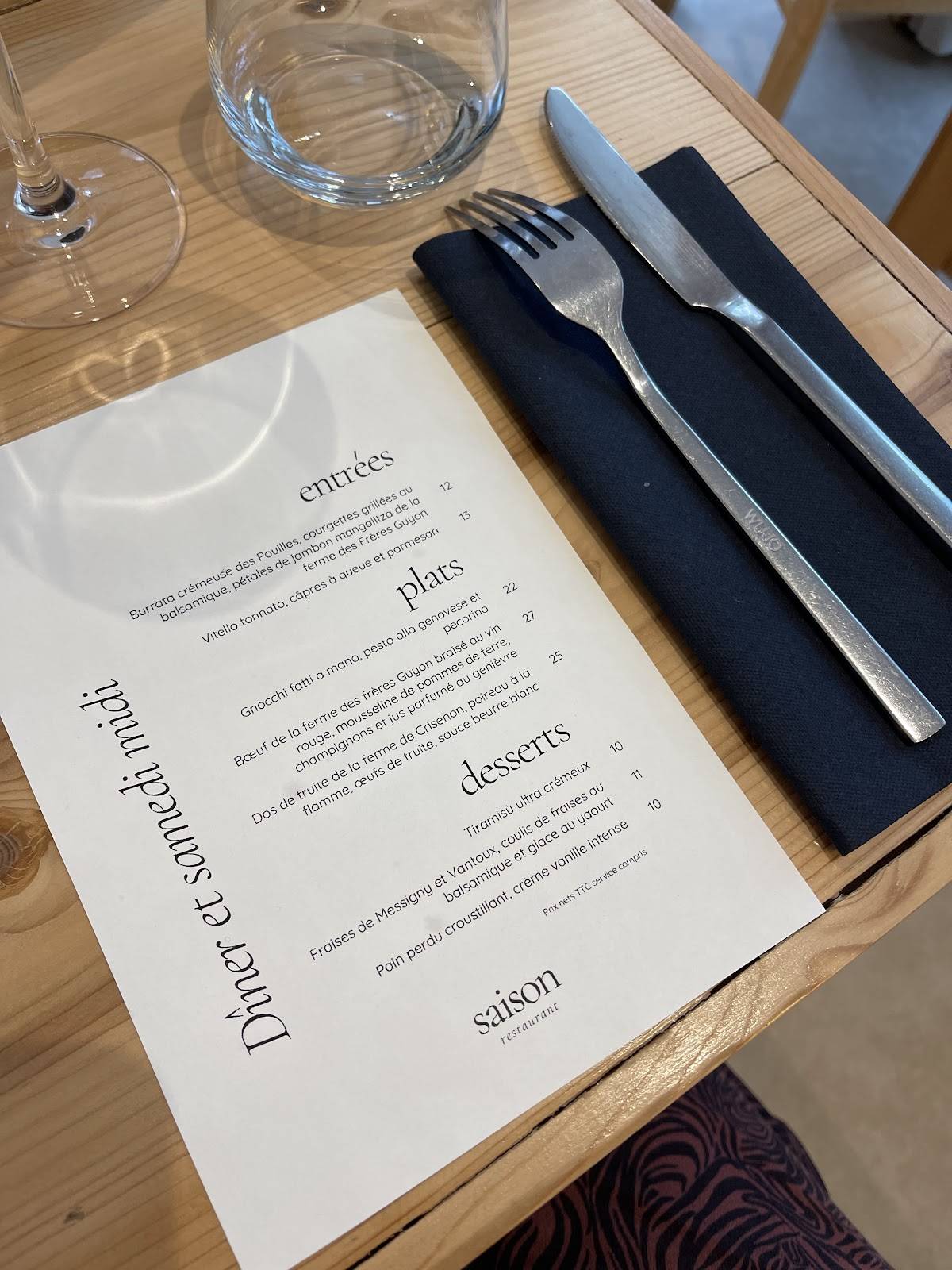 Menu au Saison restaurant, Dijon