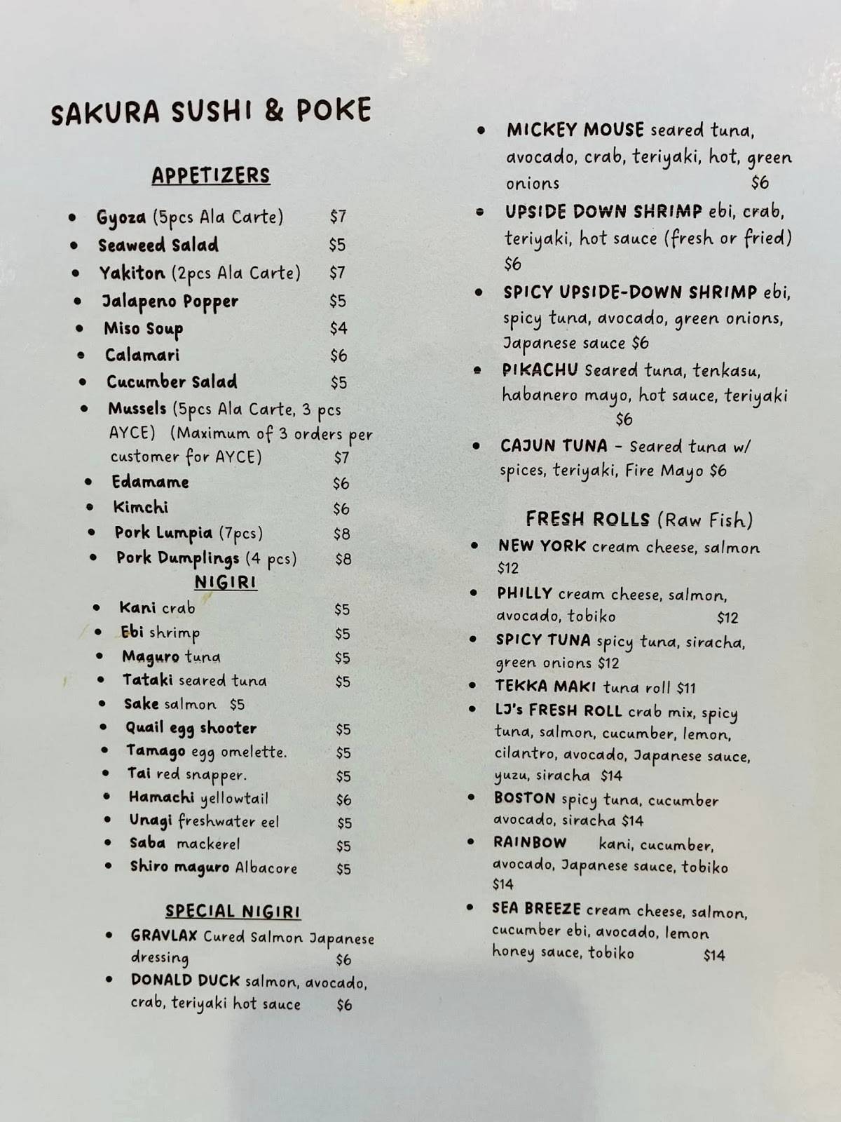 Menu at Sakura Sushi & Poke restaurant, Gardnerville