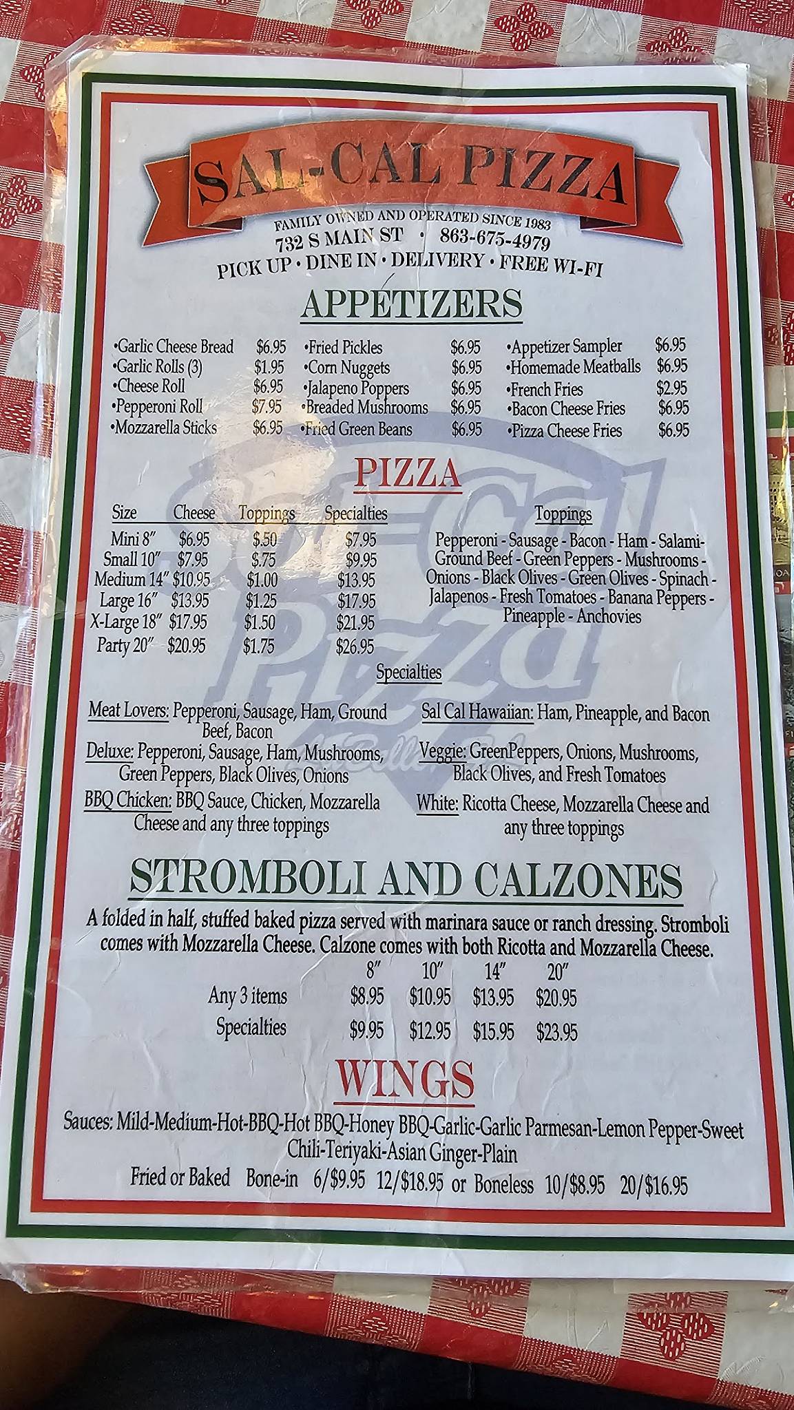 Menu at Sal-Cal Pizza pizzeria, LaBelle