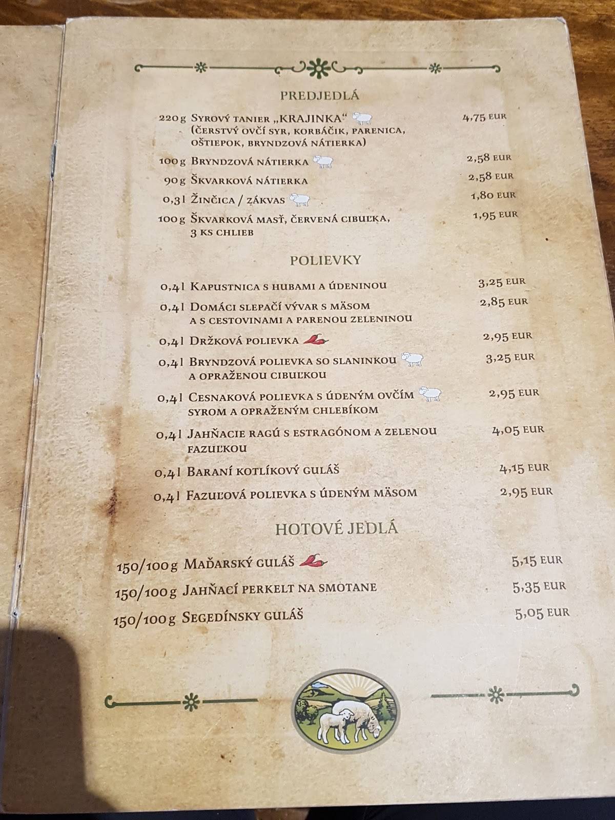 Menu at Salaš Krajinka restaurant, Ružomberok