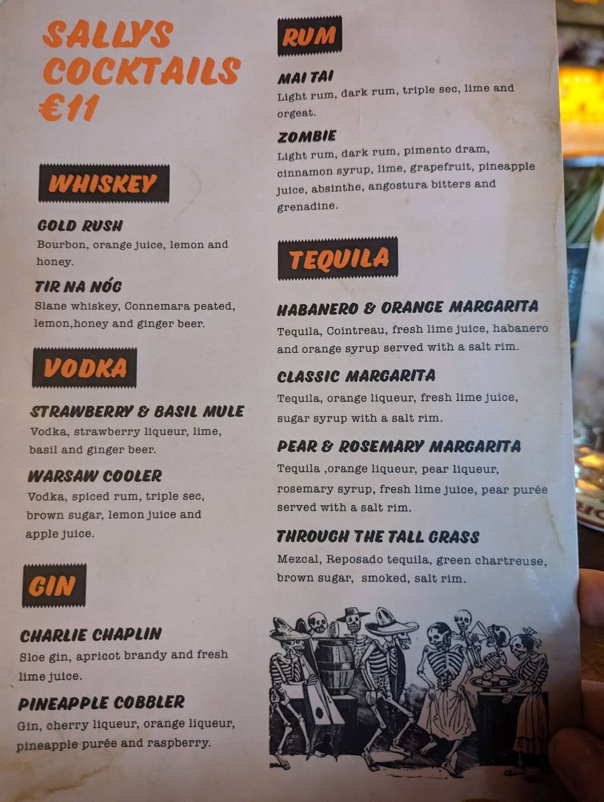Menu at Sally Cinnamons Bar, Drogheda