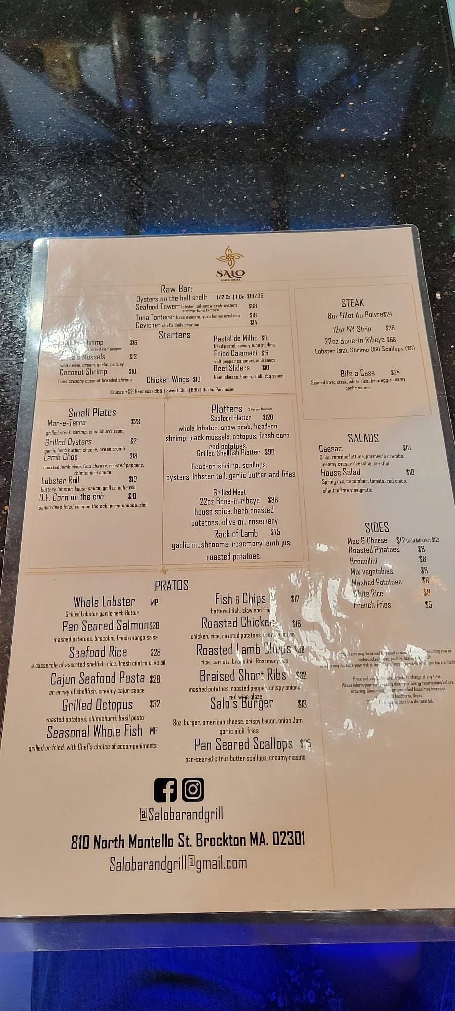 Menu at Salo Bar & Grill, Brockton