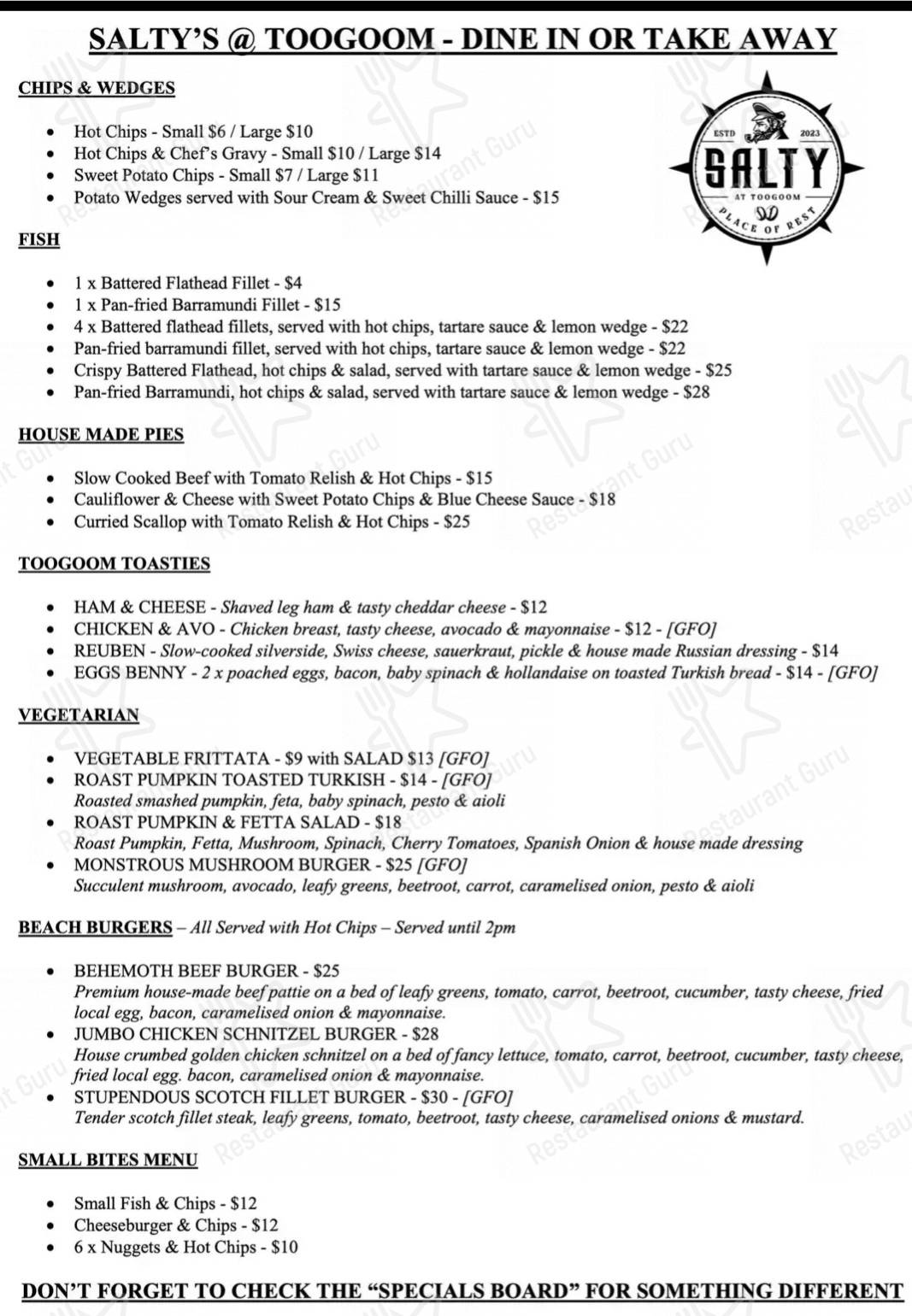 Menu at Salty at Toogoom restaurant, Toogoom