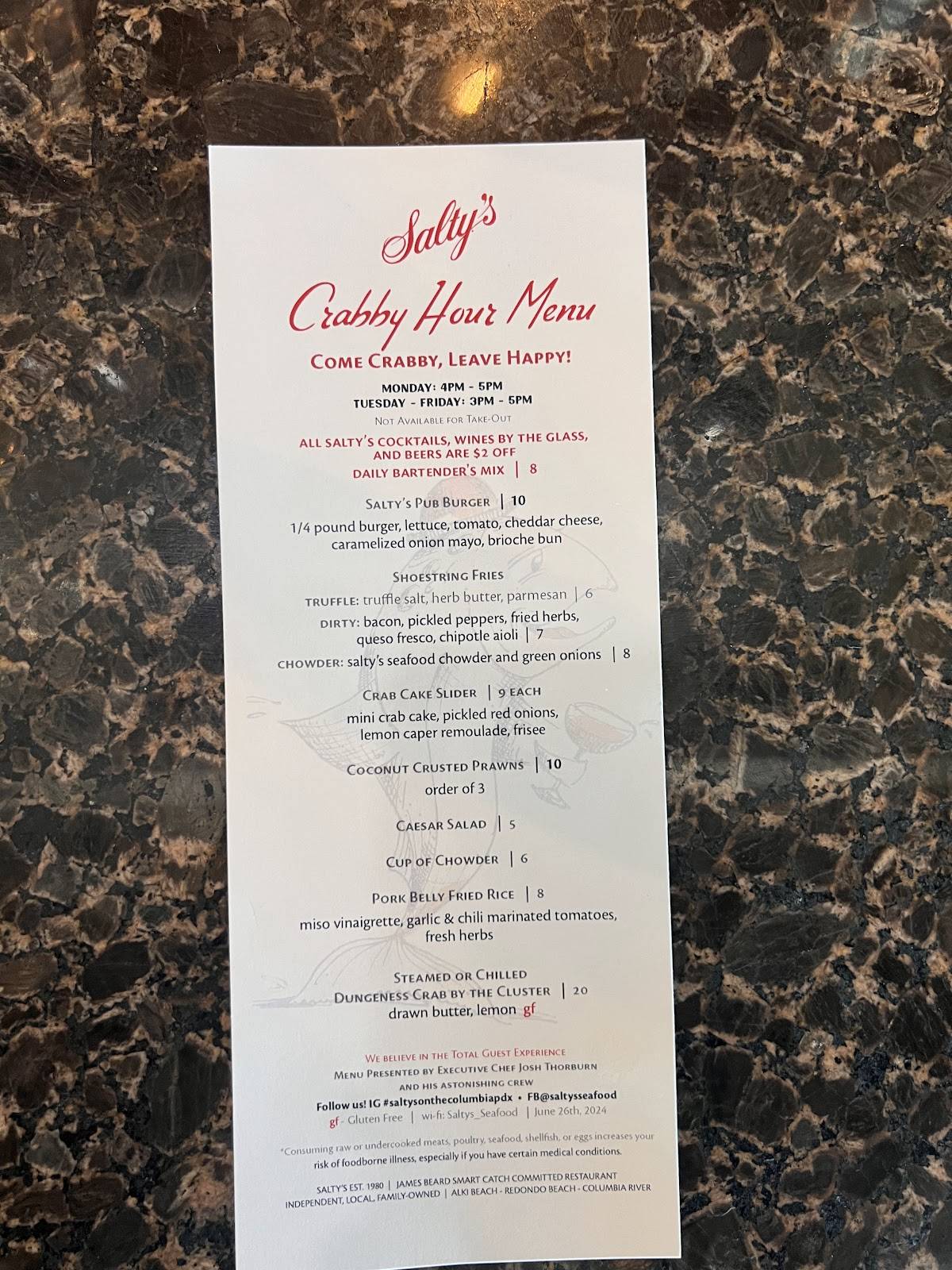 Menu at Salty's on the Columbia River restaurant, Portland