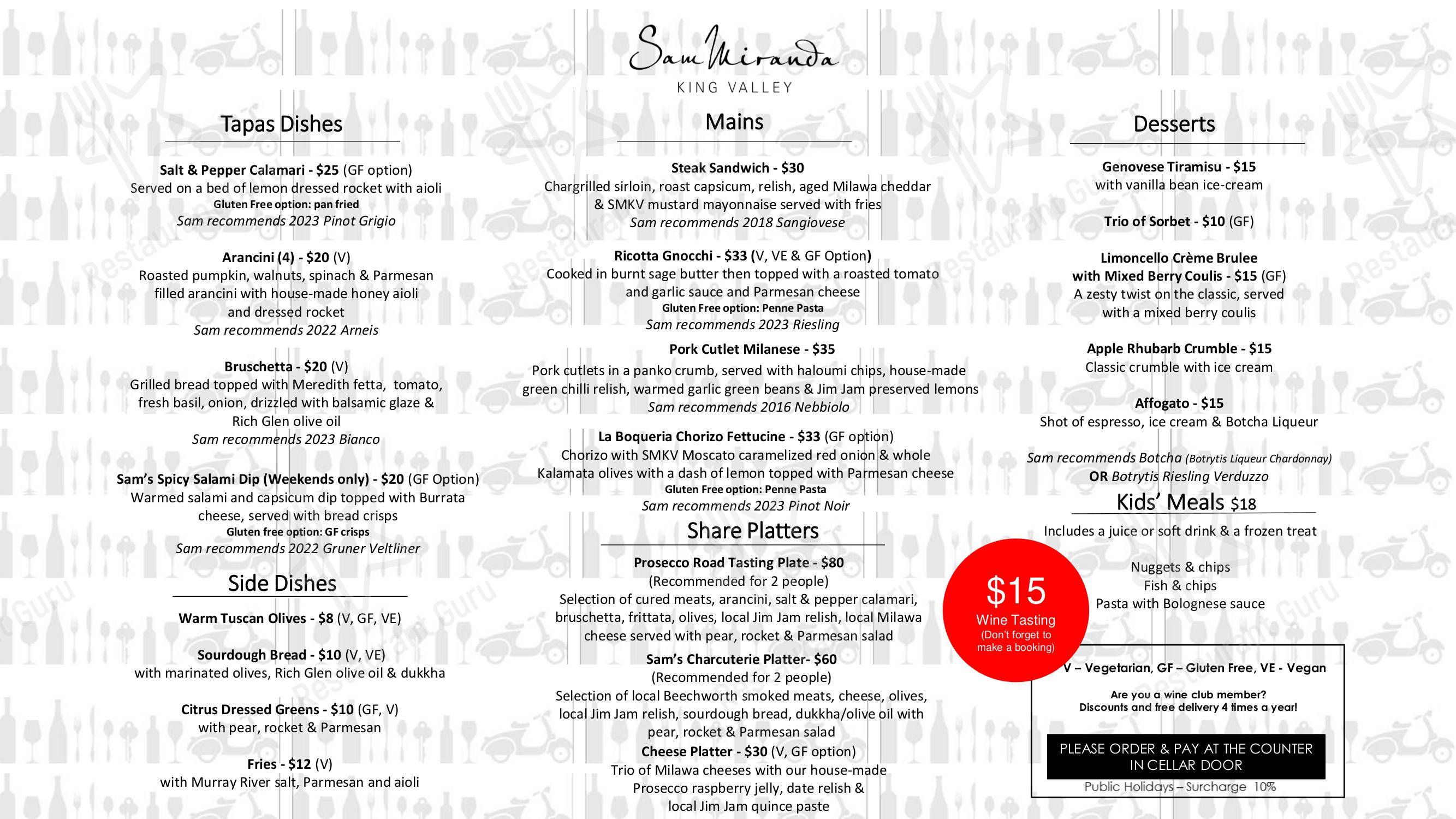 Menu at Sam Miranda King Valley pub & bar, Oxley