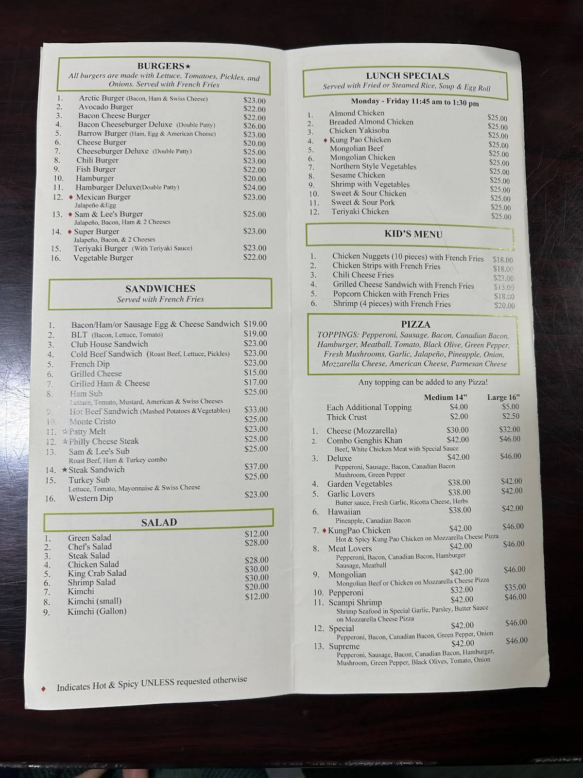 Menu at Sam & Lee's Restaurant, Utqiagvik