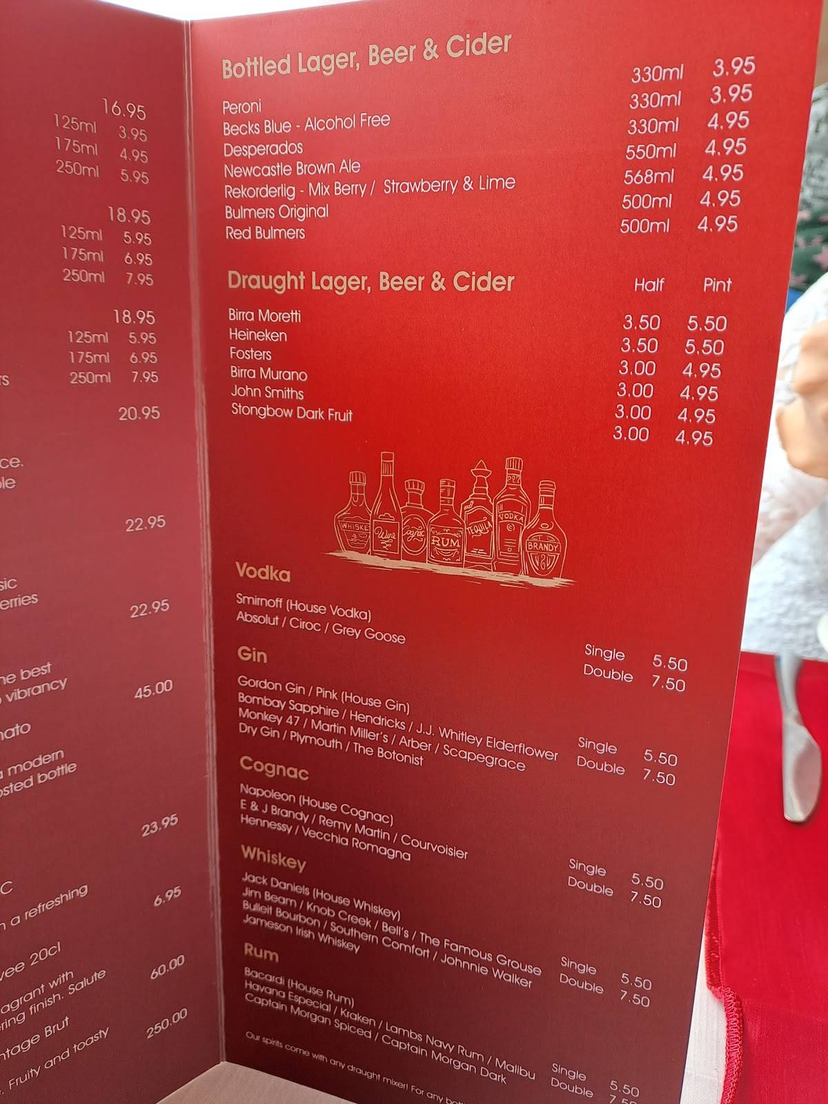 Menu at Sambuca Quayside restaurant, Newcastle upon Tyne