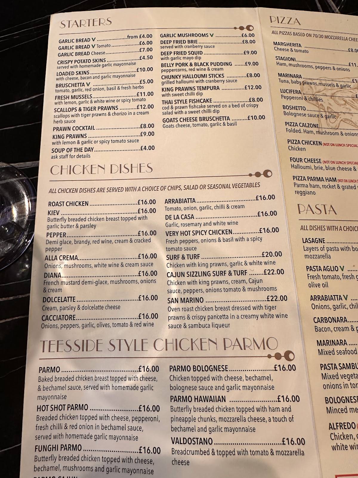 Menu at Sambuca Quayside restaurant, Newcastle upon Tyne