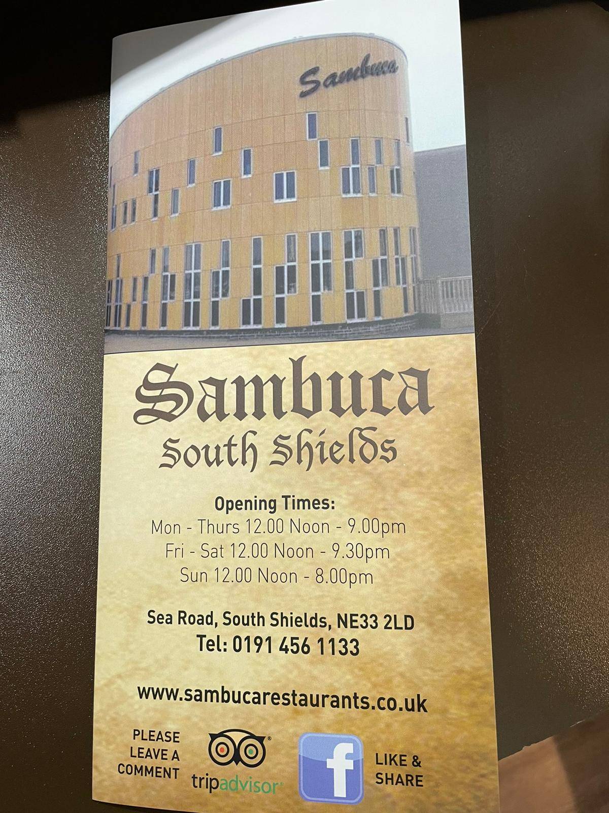 Menu at Sambuca South Shields restaurant, South Shields, The Dunes