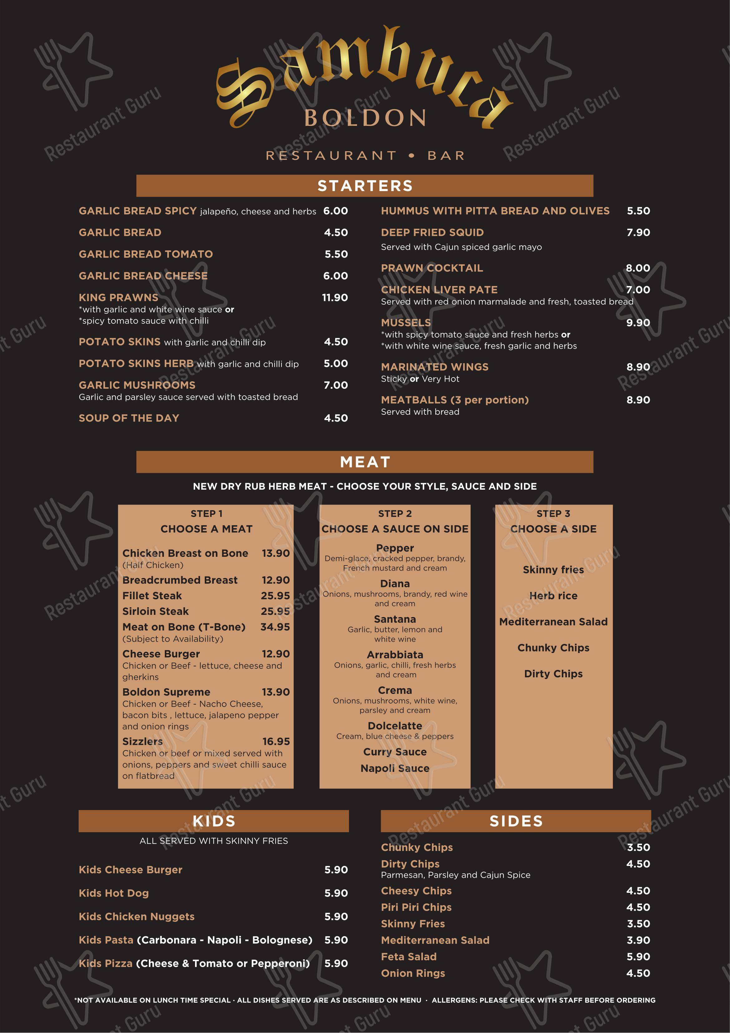 Menu at Sambuca South Shields restaurant, South Shields, The Dunes