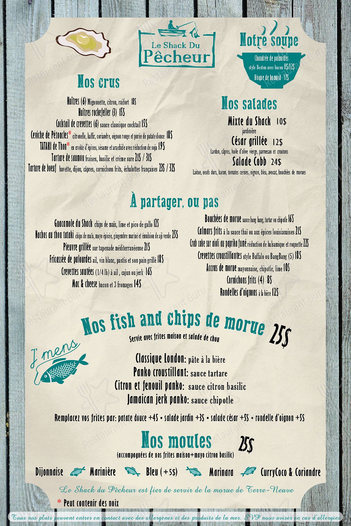 Menu au Le Shack Du Pêcheur La Prairie restaurant, La Prairie ...