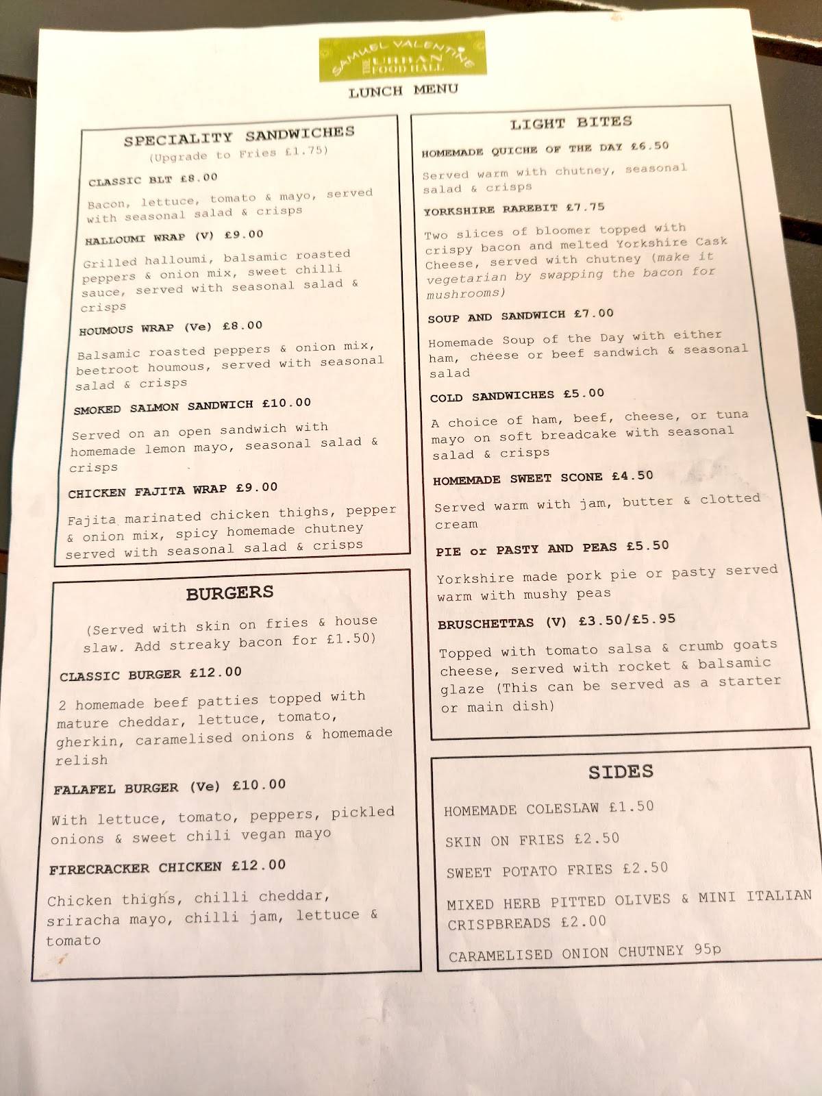 Menu at Sam’s Urban Food Hall cafe, Castleford
