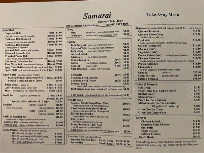 Menu at Samurai restaurant, Hawthorn
