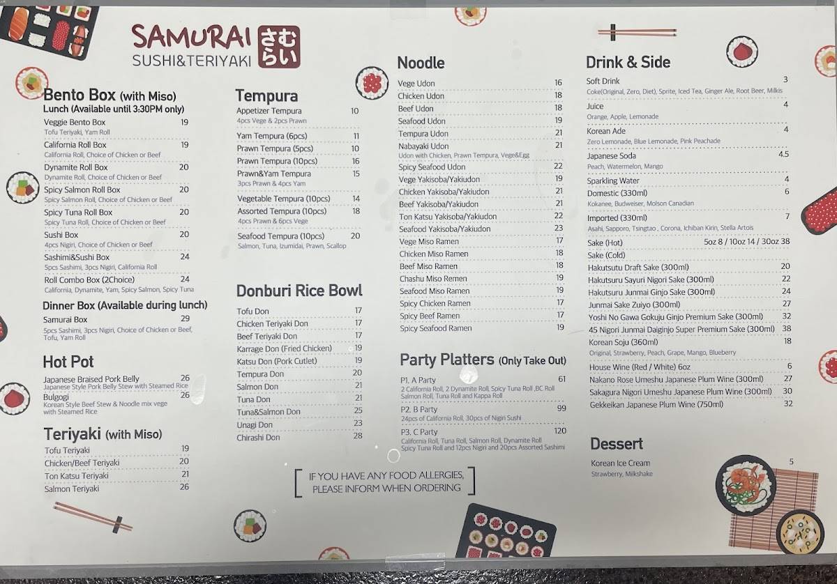 Menu at Samurai Sushi & Teriyaki restaurant, Parksville