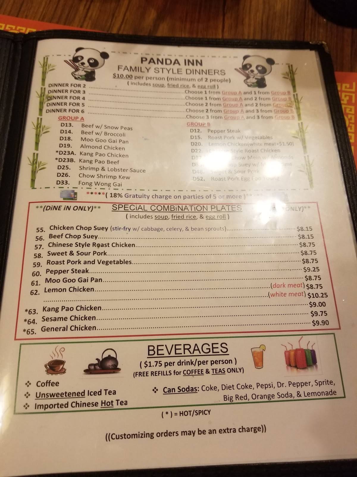 Menu at Panda Inn restaurant, San Antonio, Harry Wurzbach Rd