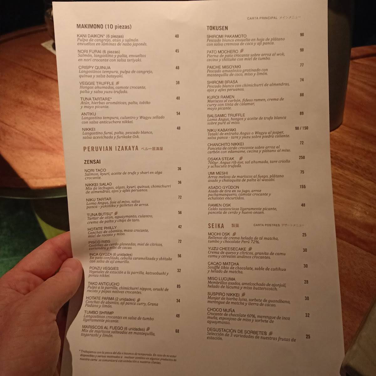 Carta del restaurante Osaka, San Isidro, Felipe