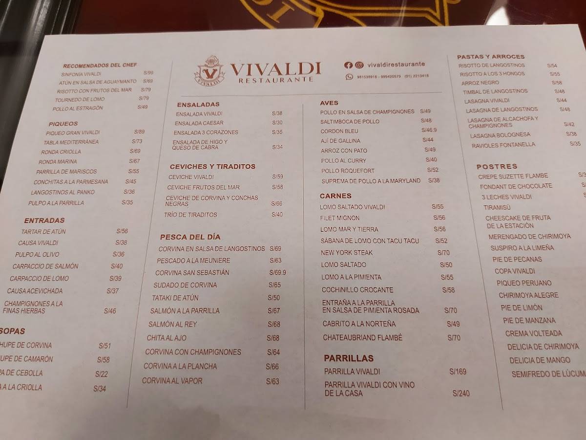Menu at Restaurante Vivaldi, San Isidro