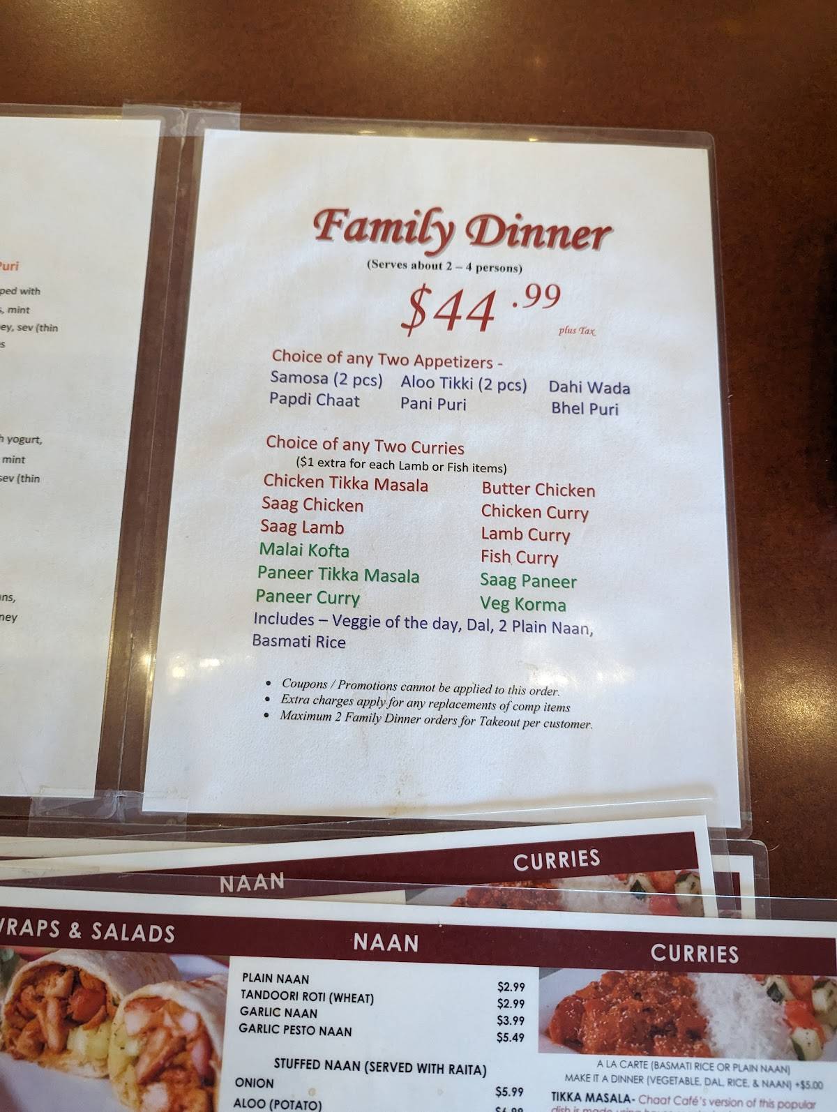 Menu at Chaat Cafe, San Jose