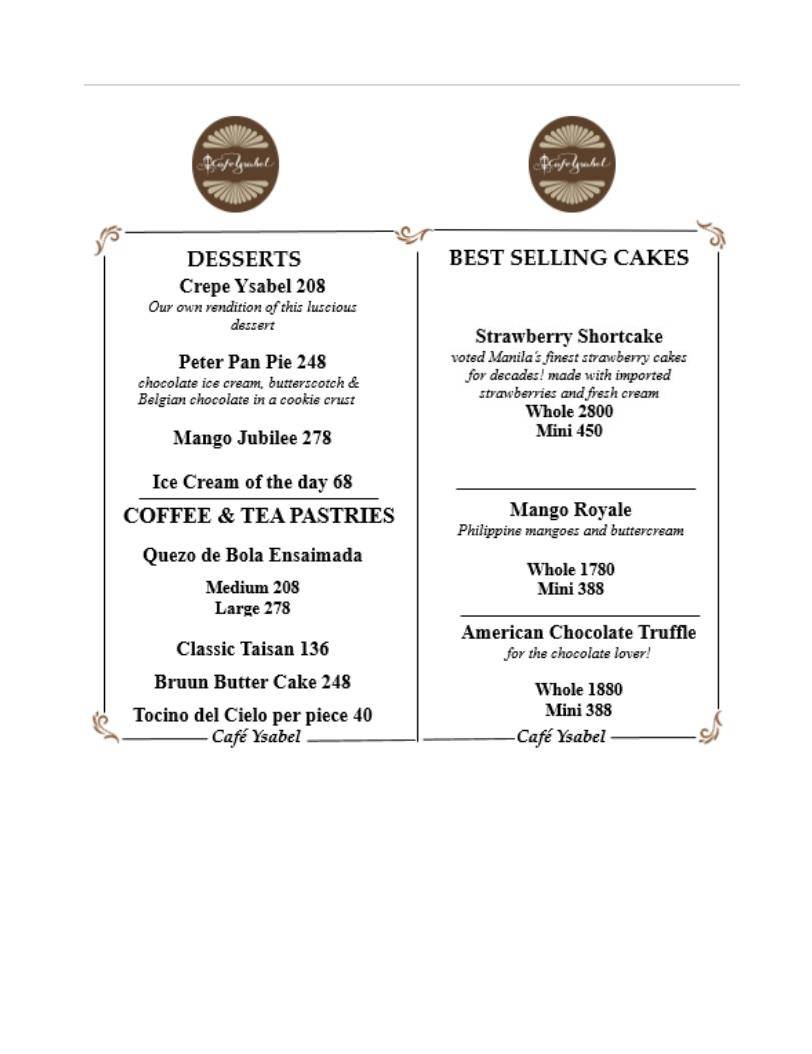 Menu at Café Ysabel cafe, San Juan, 175 M. Paterno
