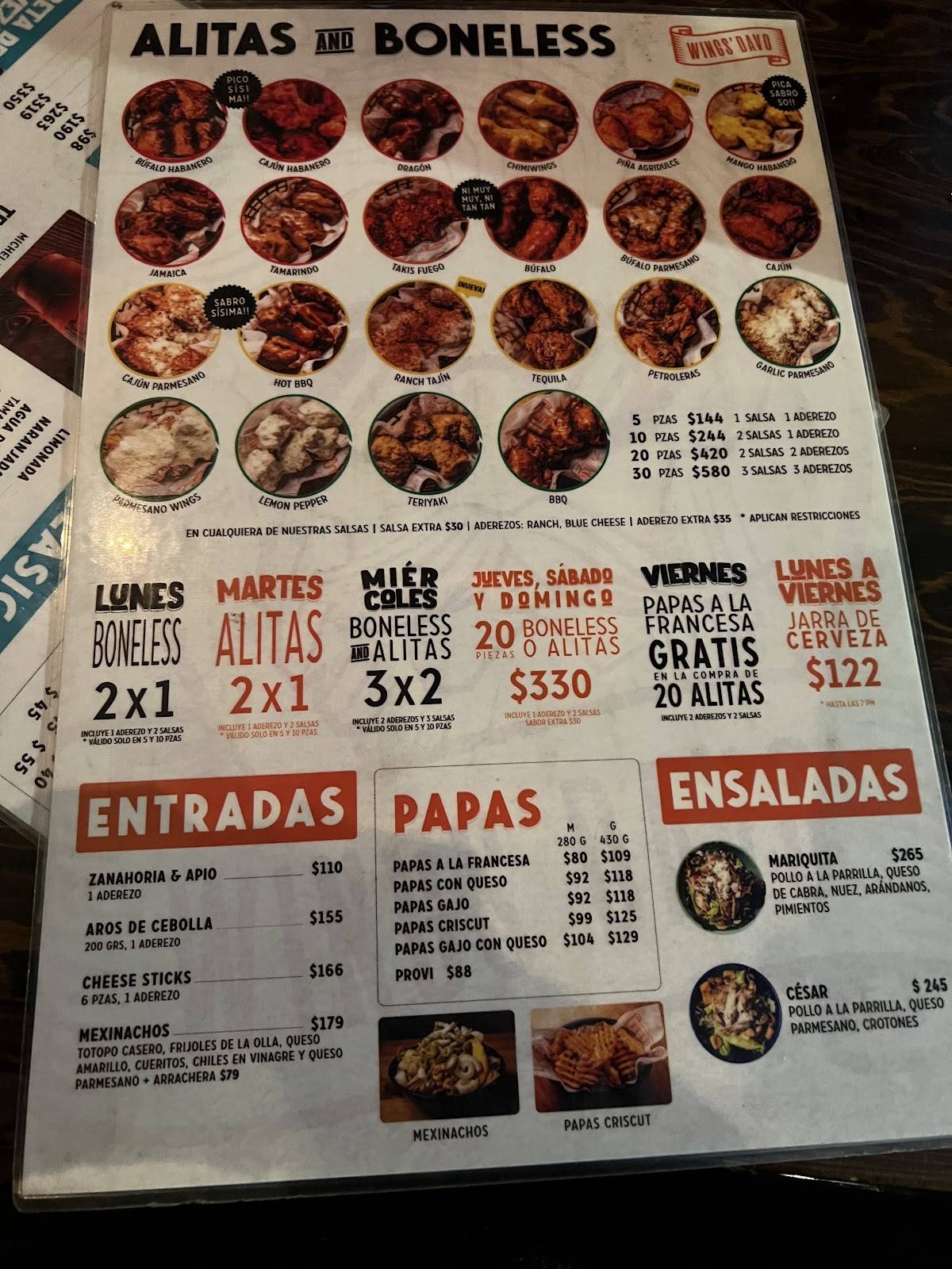 Carta del restaurante Wings' DAVO, San Luis Potosi, Álvaro Obregón 601