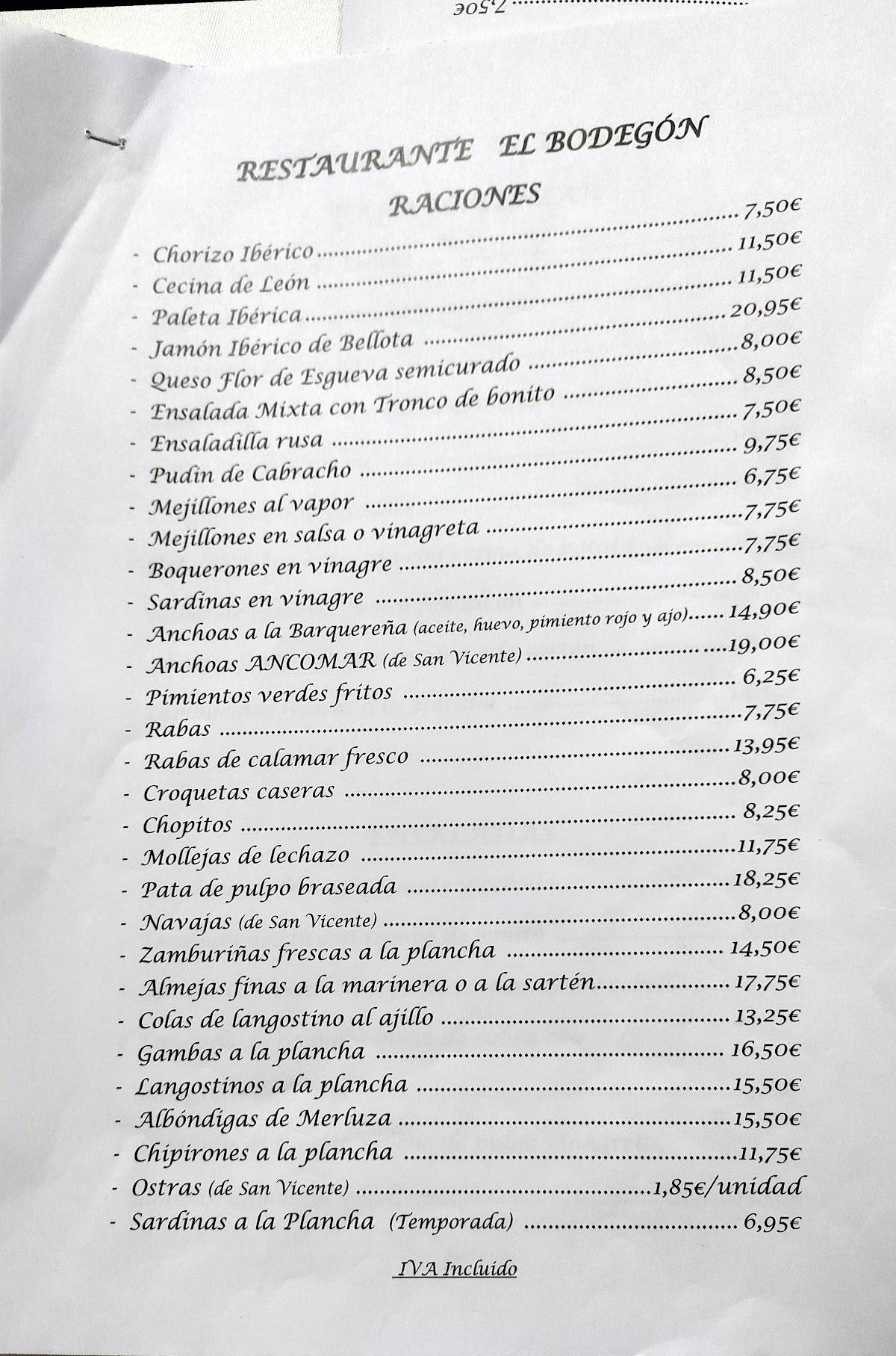 Carta de Restaurante El Bodegón, San Vicente de la Barquera