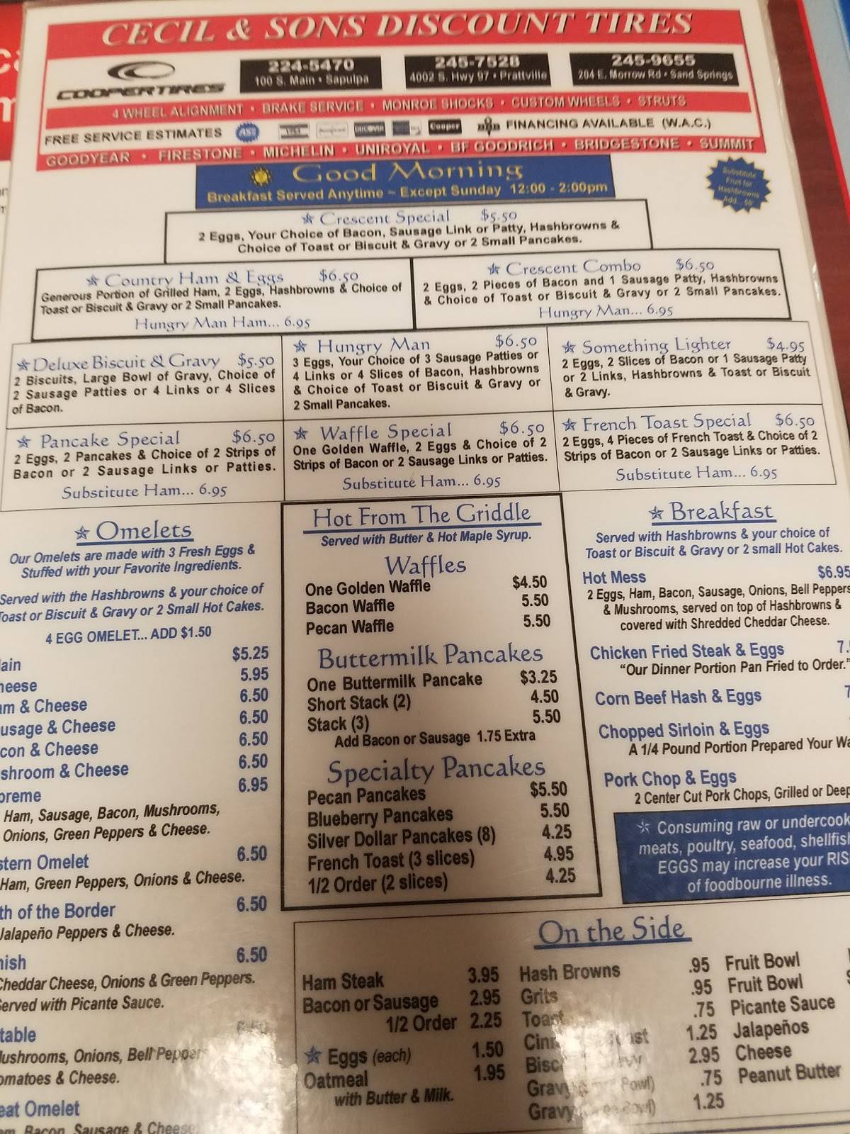 Menu at Crescent Cafe, Sand Springs