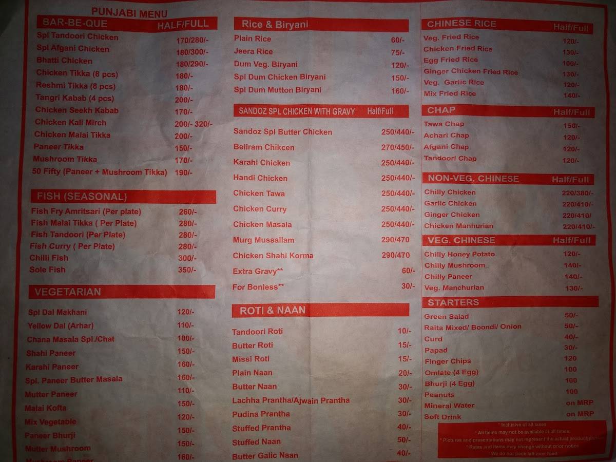 Menu at Sandoz, Kurukshetra