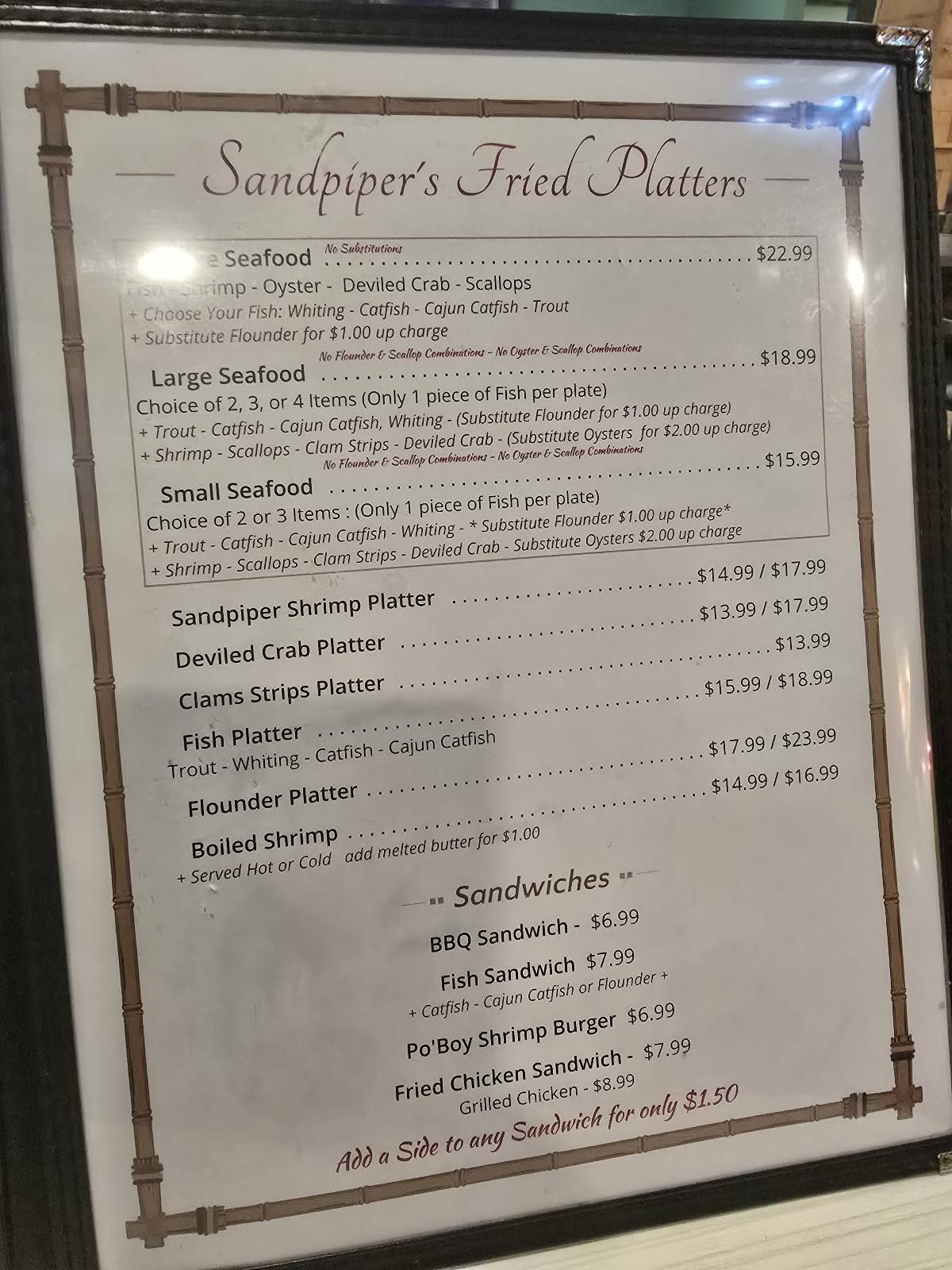Menu at Sandpiper Seafood restaurant, Clinton