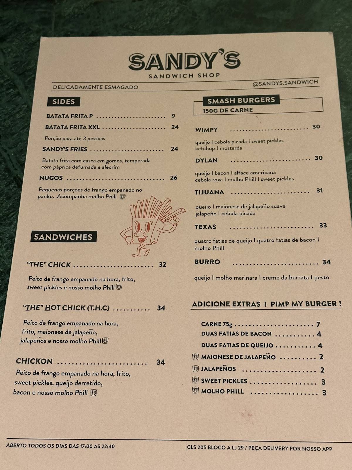Menu em Sandy's Sandwich Shop restaurante, Brasília