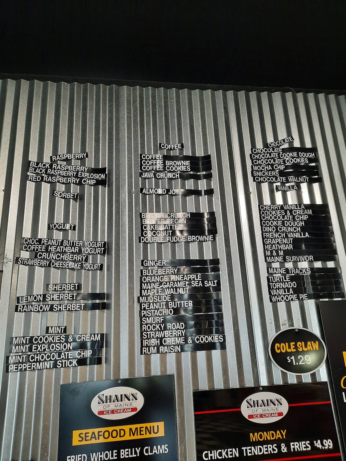 Menu at Shain's of Maine restaurant, Sanford