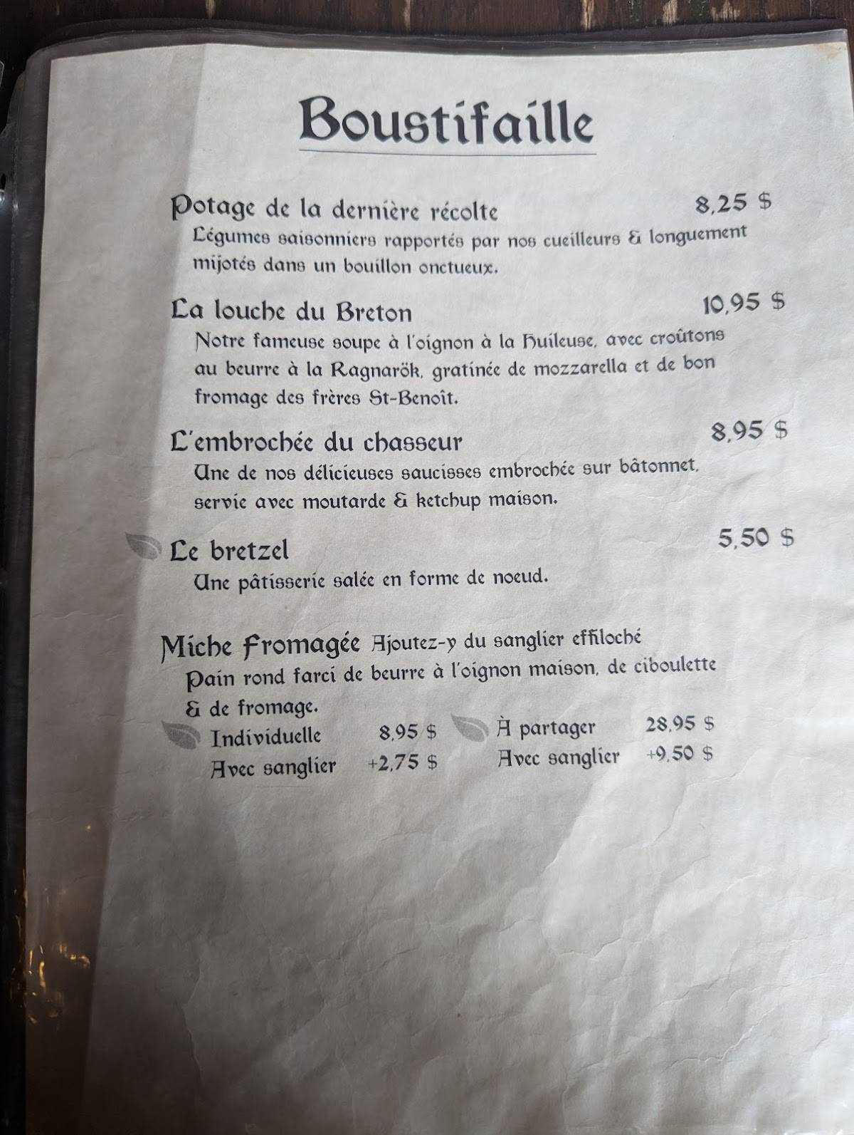 Menu au Sanglier Doré restaurant, Sherbrooke