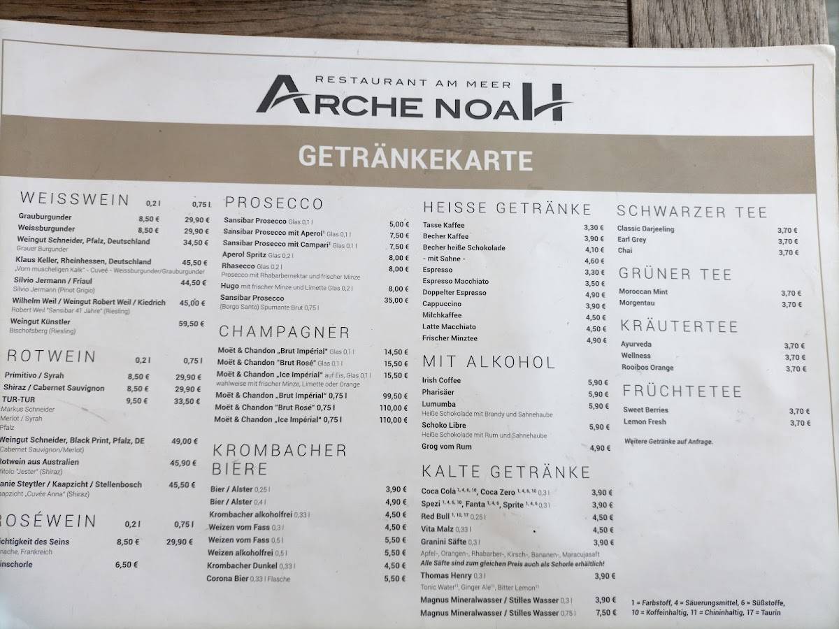 Menu au Restaurant Arche Noah, Sankt Peter-Ording, An der Seebrücke