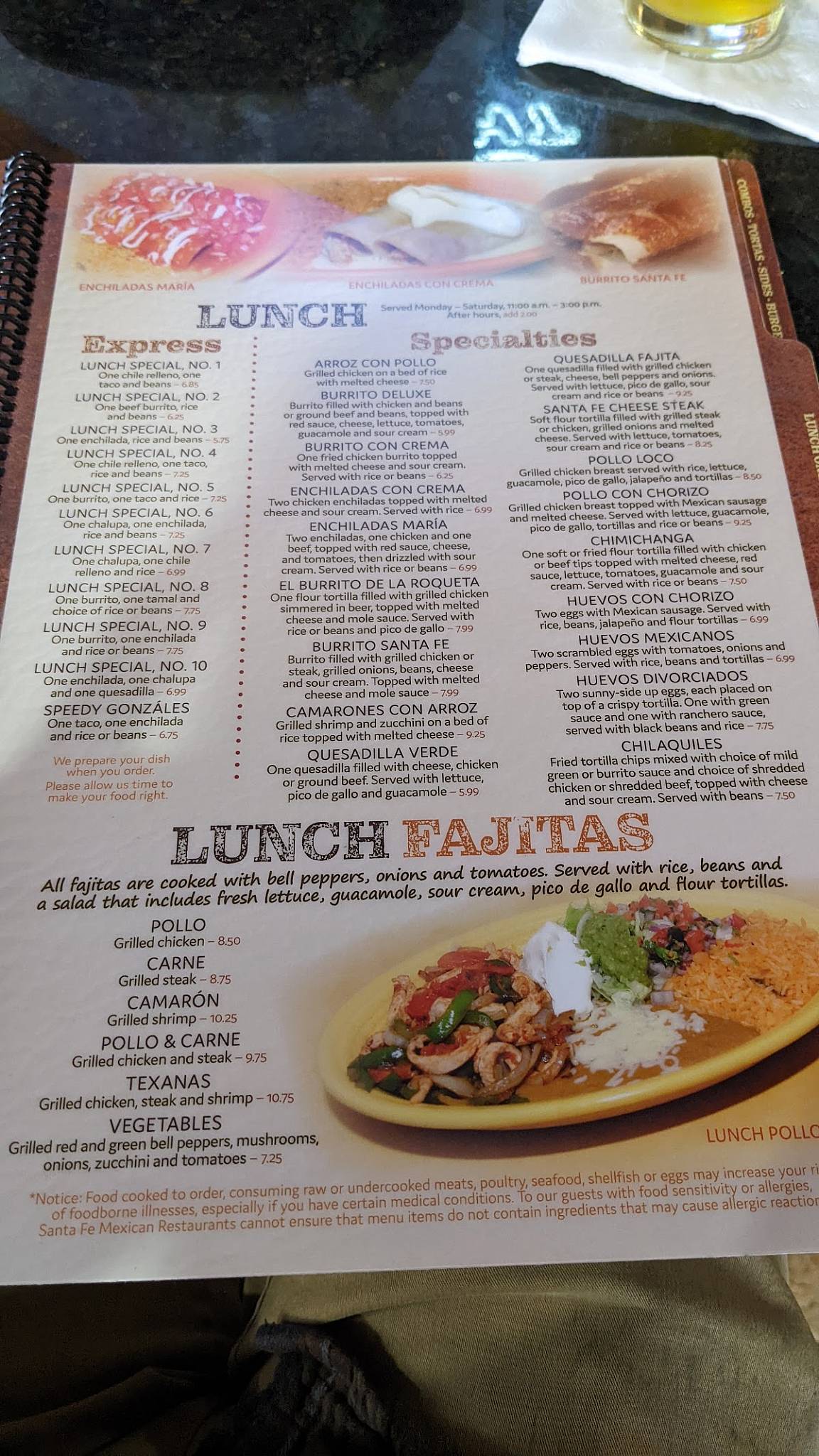 Menu at Santa Fe Mexican Grill restaurant, Greensboro, 423 Pisgah Church Rd