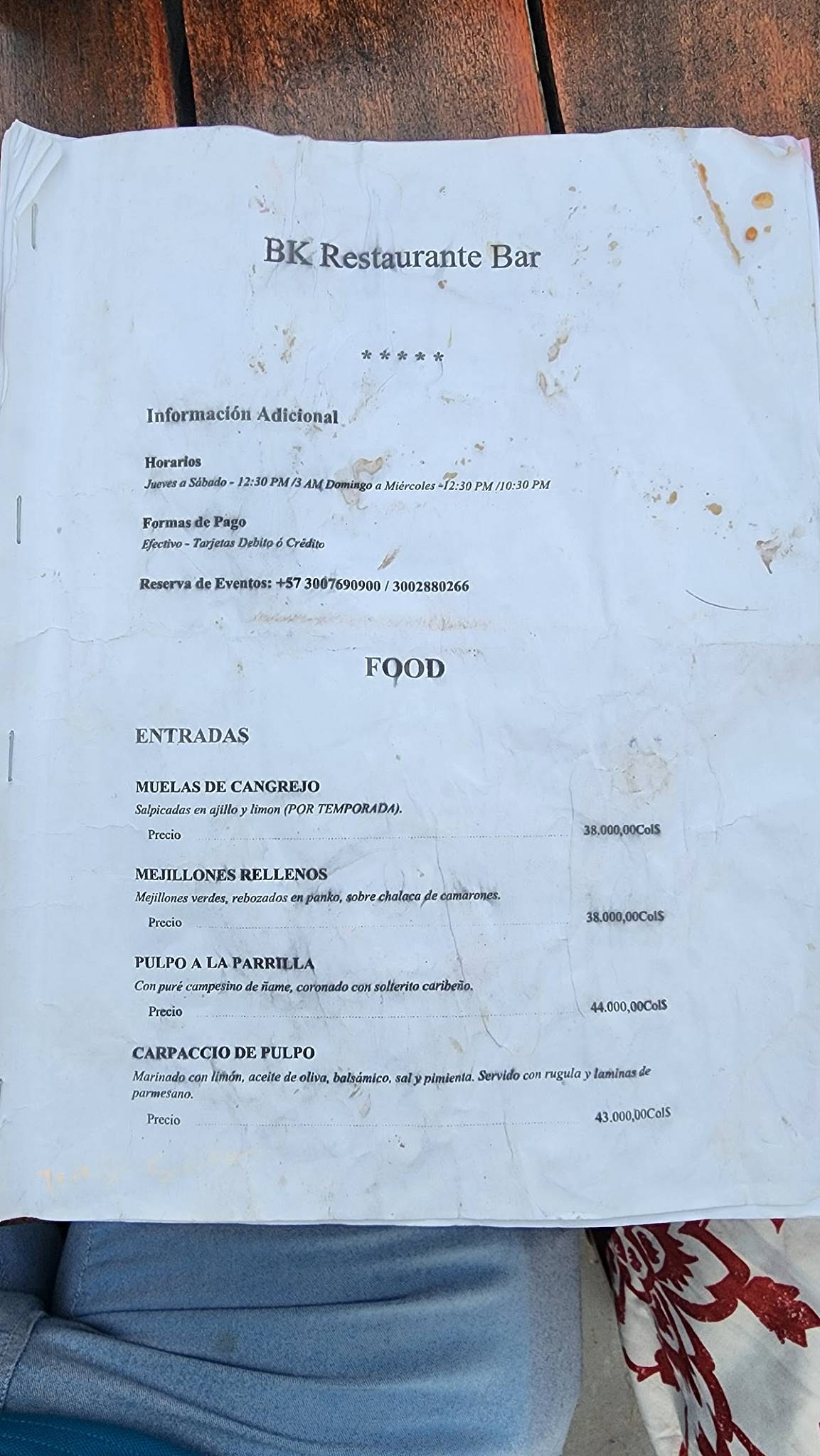 Menu at BK restaurant, Santa Marta