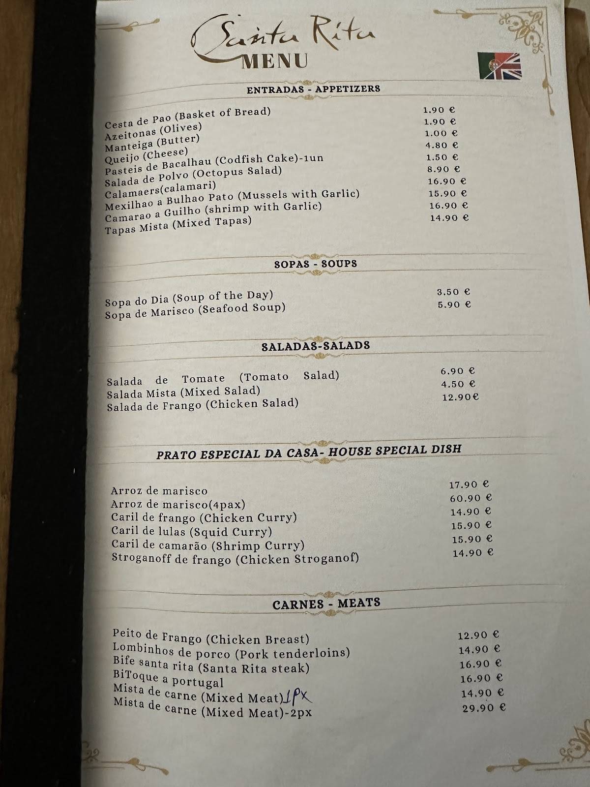 Carta del restaurante Santa Rita, Lisboa