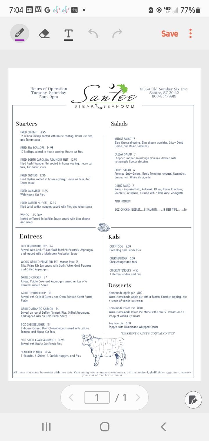 Menu at Santee Steak & Seafood steakhouse, Santee
