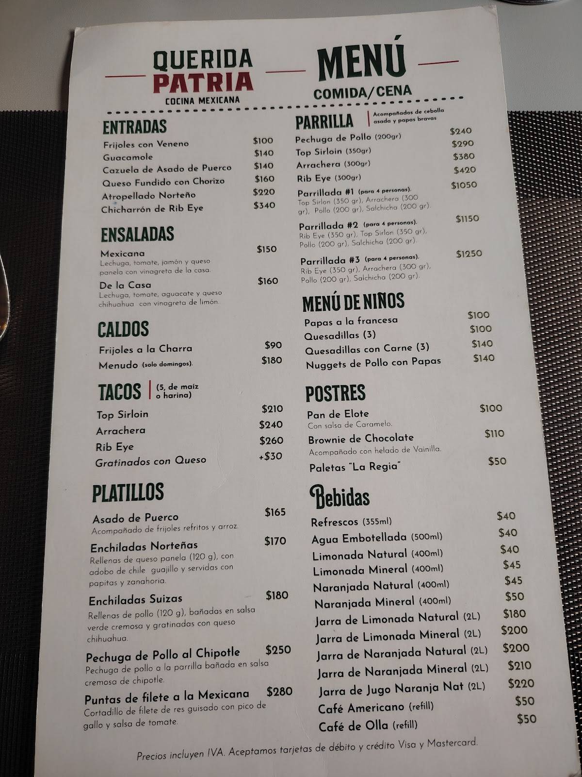 Carta del restaurante Querida Patria, Santiago