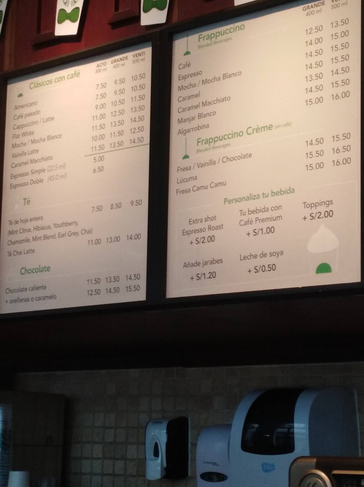 Carta del restaurante Starbucks, Lima, Jirón del la Unión 498