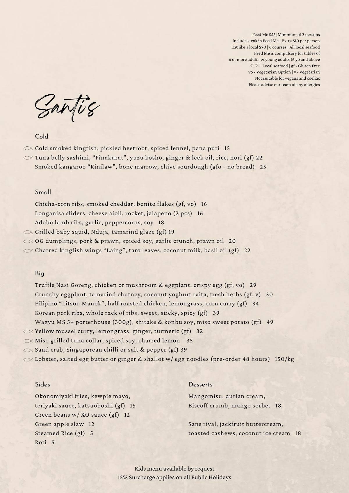 Menu at Santi's restaurant, Port Lincoln