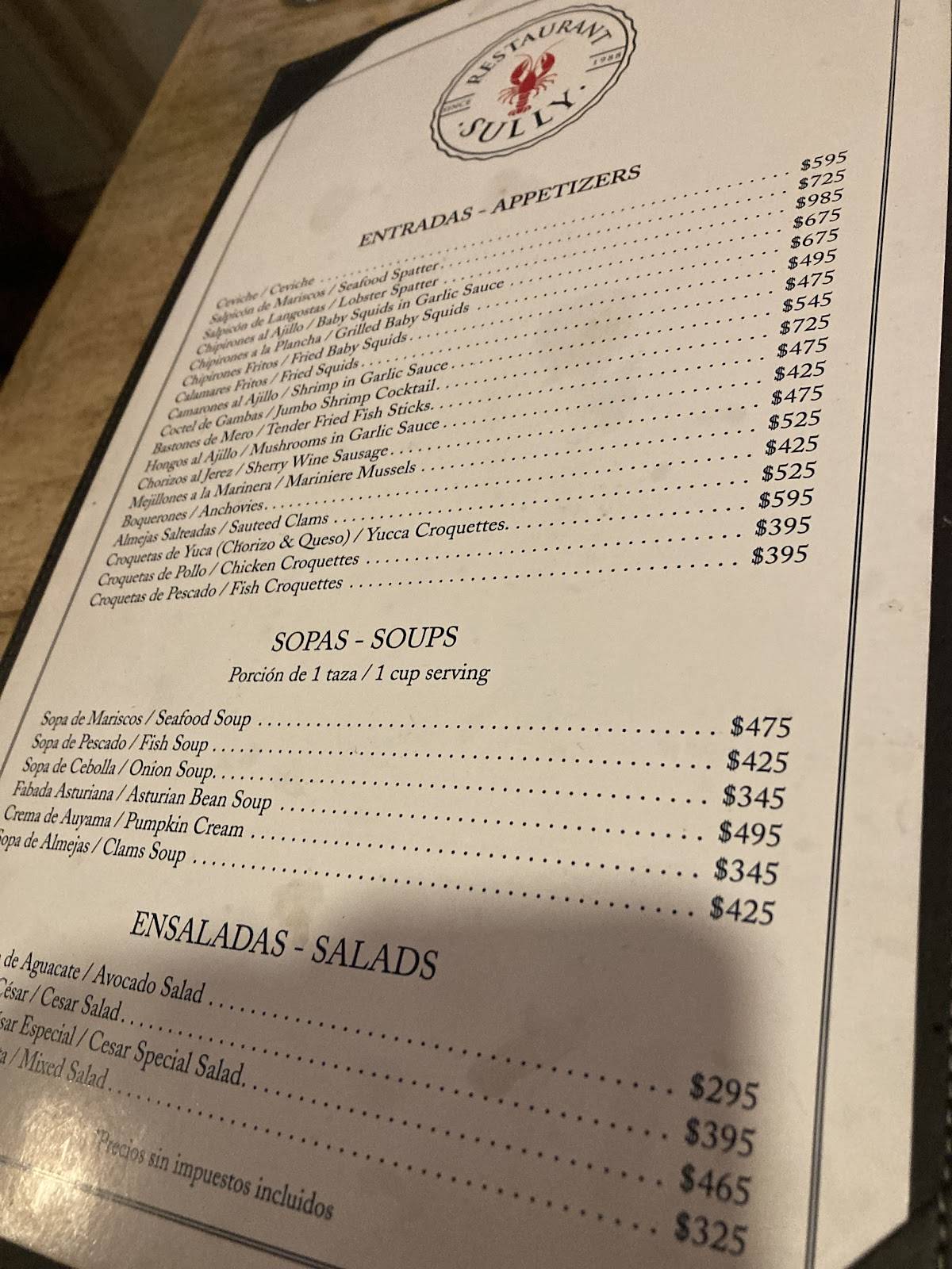 Menu at Restaurant Sully, Santo Domingo