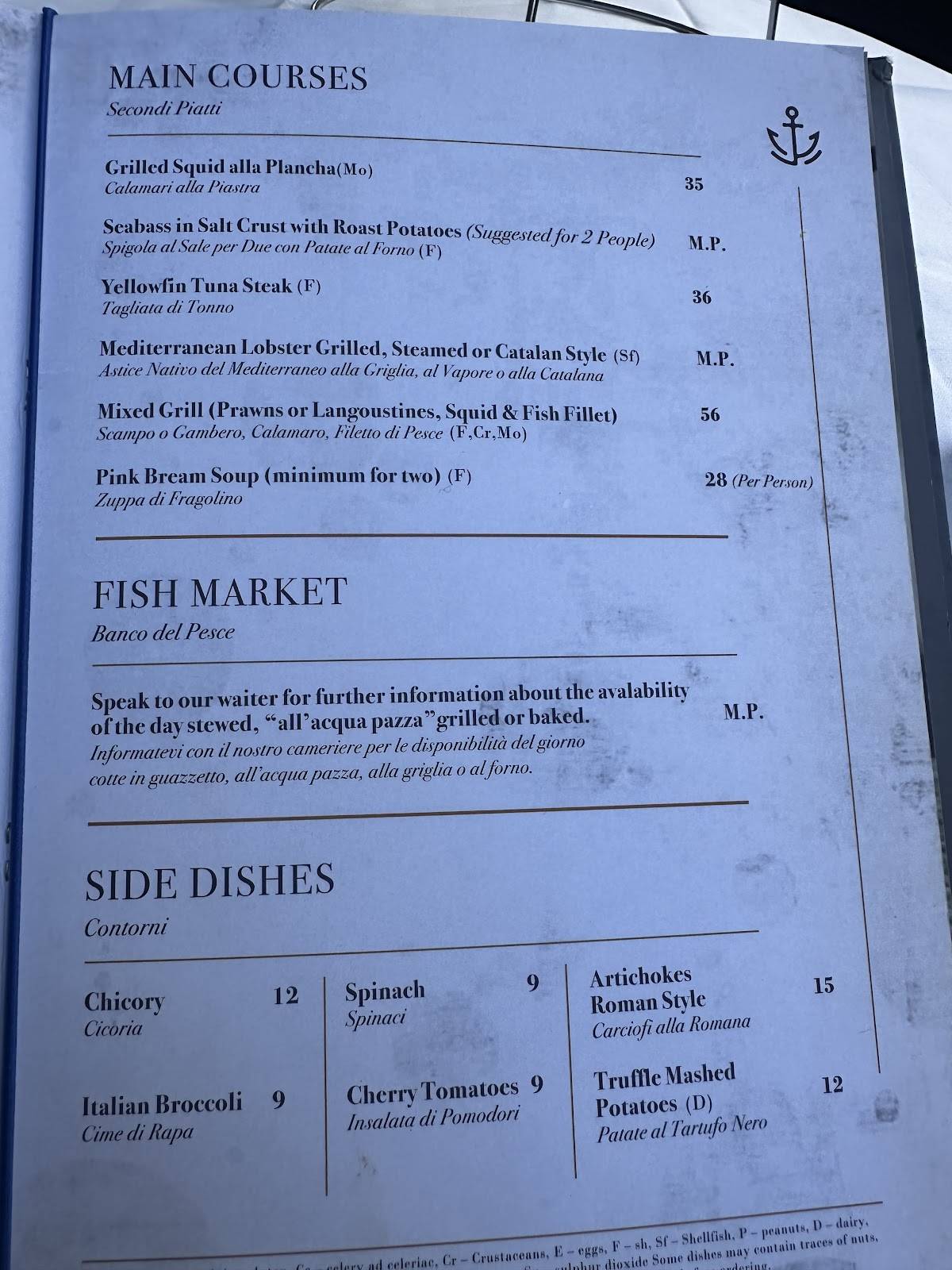 Menu at Santo Mare restaurant, London, W