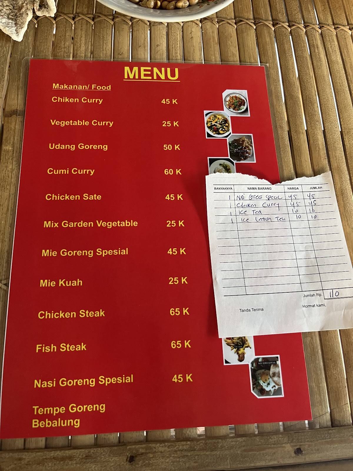 Menu at Sapiyah's Warung & Room's restaurant, Indonesia