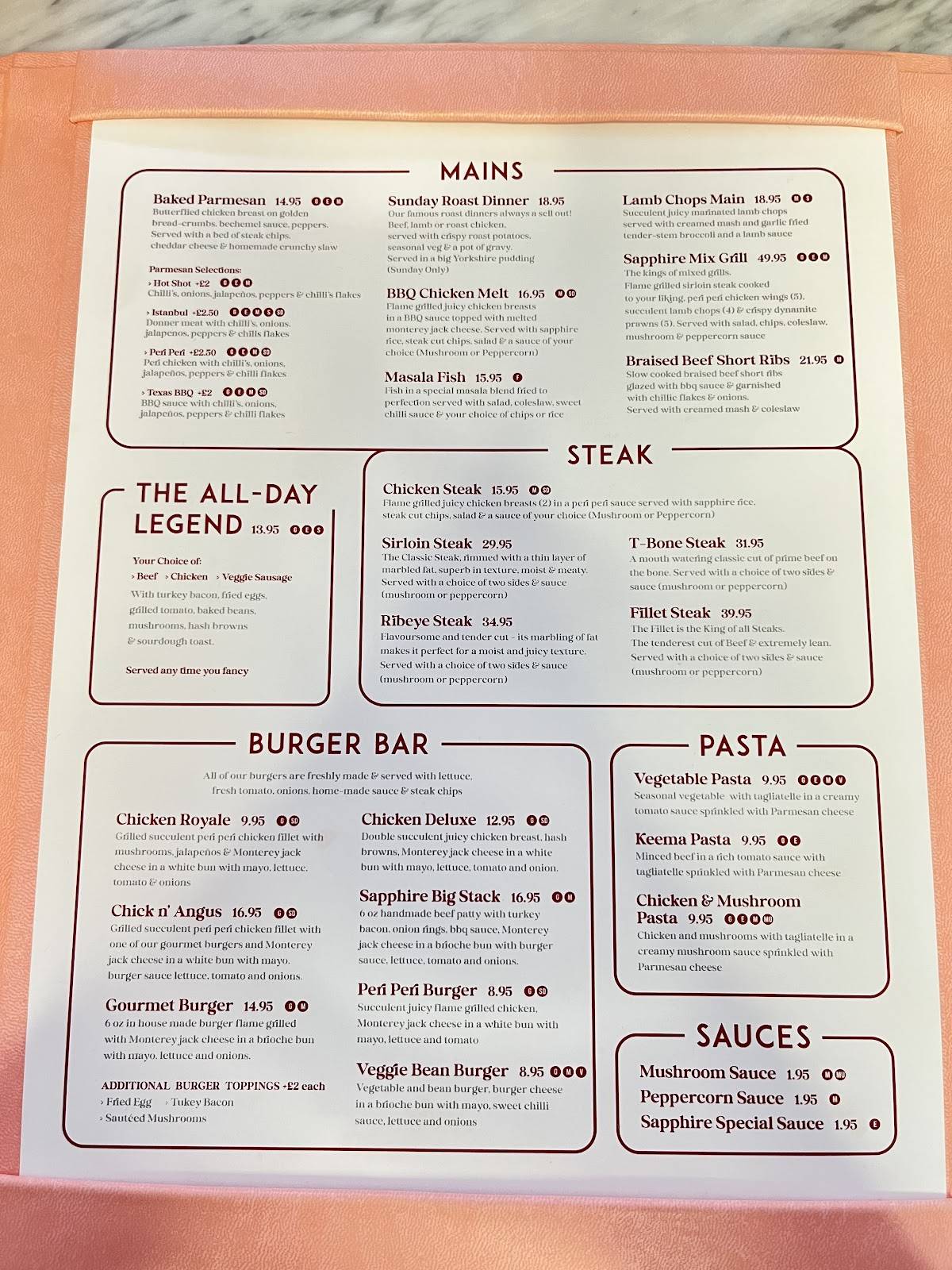 Menu at Sapphire cafe, Batley