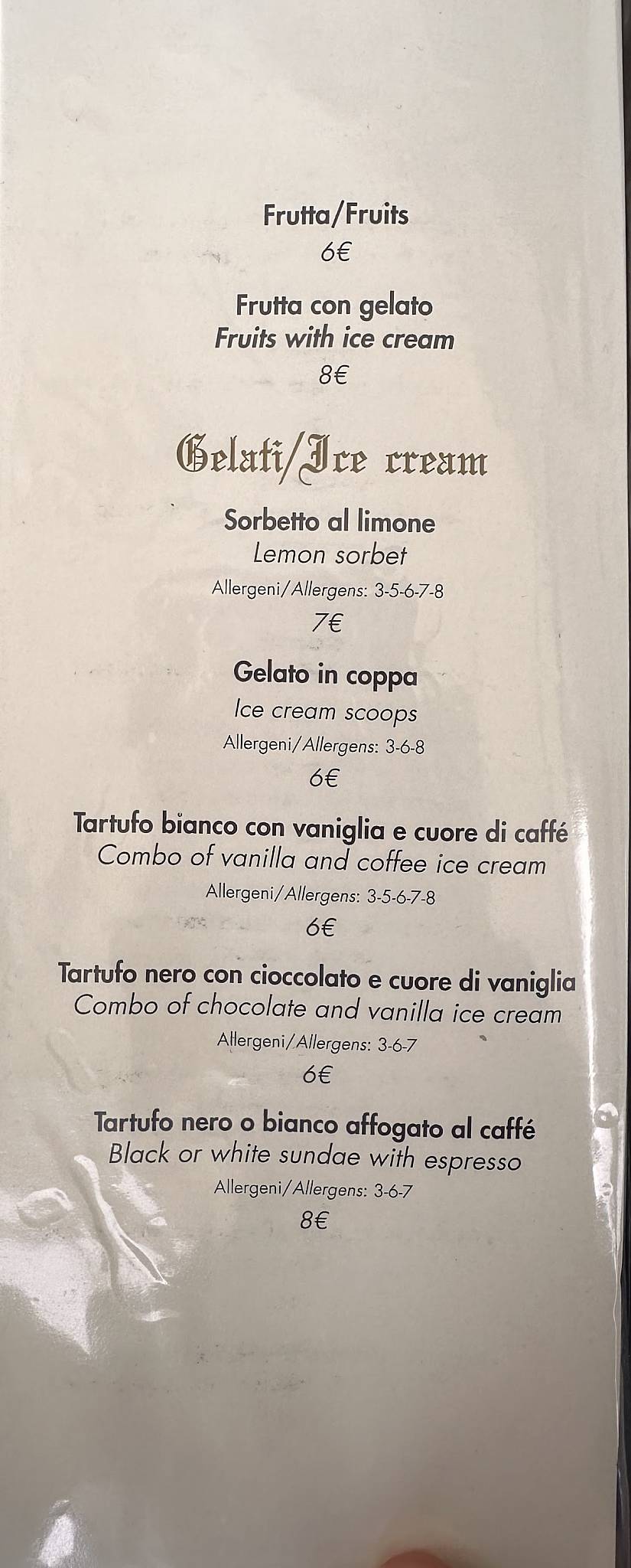 Menu at Saraceno d'Oro restaurant, Positano