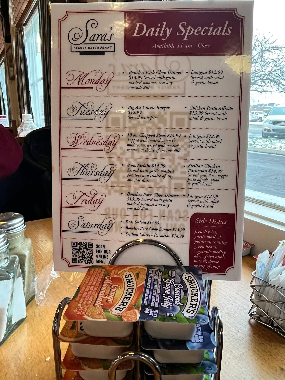 Menu at Sara’s Family Restaurant, Fort Wayne