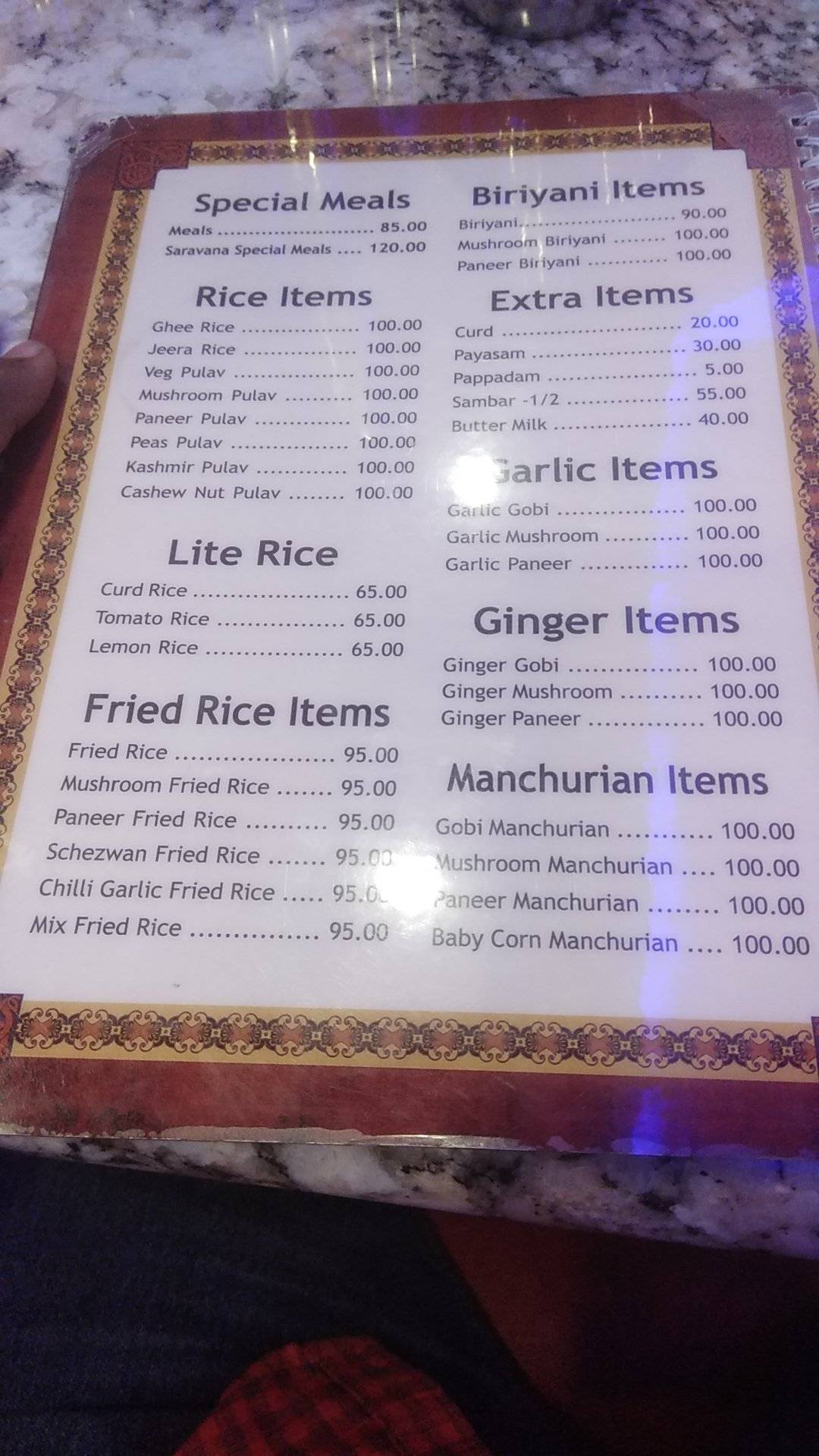 Menu at Saravana Bhavan, Kochi, Kadathukulam Buildings