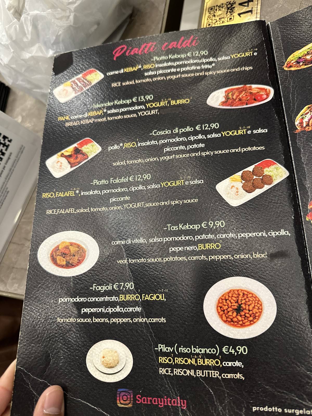 Menu at Saray turkish restaurant, Milan, Piazza Duca d'Aosta