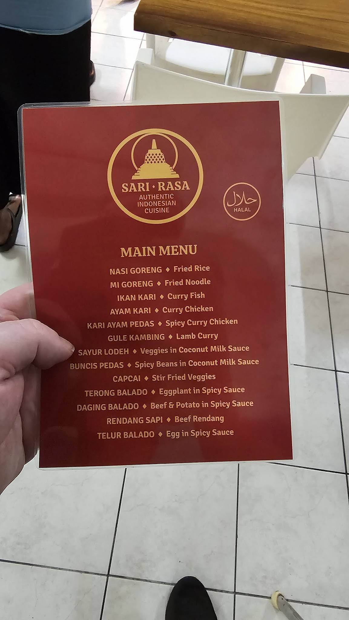 Menu at Sari Rasa fast food, Darwin City